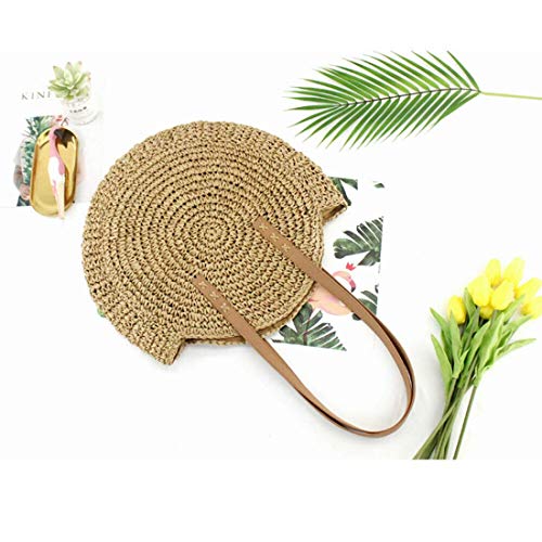 YXQSED Round Woven Bag - Summer Beach Bags Straw Handwoven Singleshoulder with Leather Handles,Zipper(Khaki) L