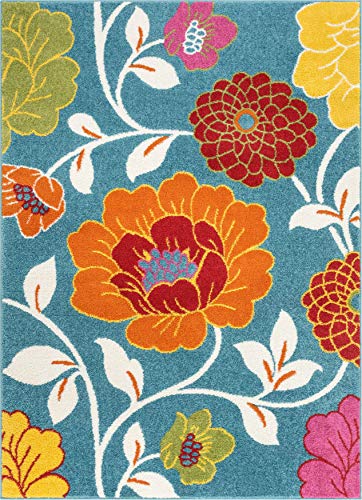 Well Woven StarBright Daisy Flowers Modern Floral Blue 3'3" x 5' Kids Area Rug