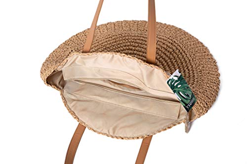 YXQSED Round Woven Bag - Summer Beach Bags Straw Handwoven Singleshoulder with Leather Handles,Zipper(Khaki) L