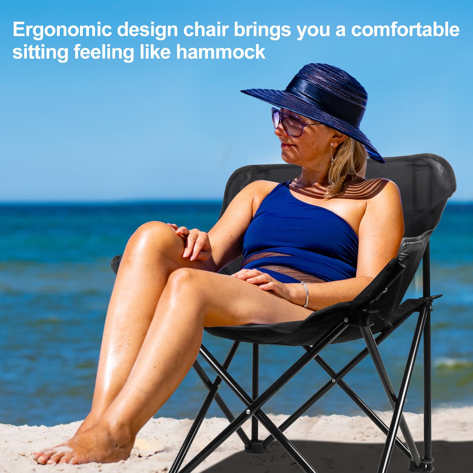 Portable Folding Camping Chair for Outside, Lightweight Outdoor Chairs Support 440lbs for Backyard Lawn Beach Camp Chairs, Black