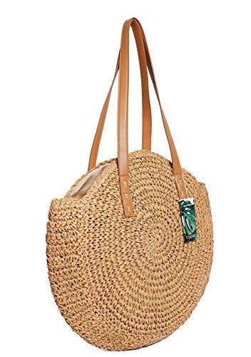 YXQSED Round Woven Bag - Summer Beach Bags Straw Handwoven Singleshoulder with Leather Handles,Zipper(Khaki) L