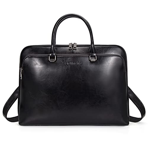 Laptop Messenger briefcase shoulder bag: Genuine Leather men 13 14 inch macbook case women work tote handbag Black