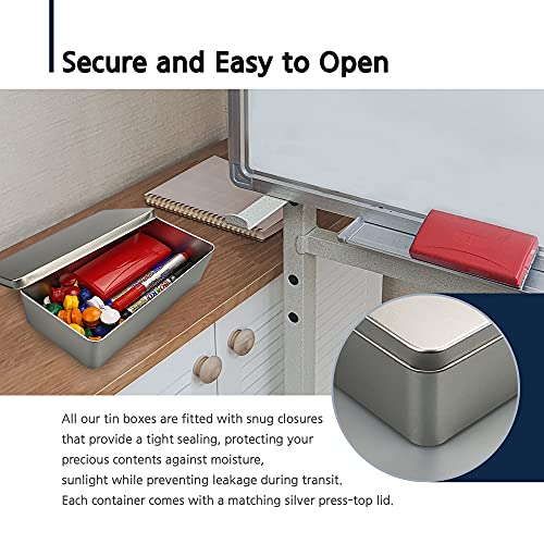 Silver Metal Tin Box Lids - Large Containers, Holder for Keeping Car Keys, Cookie, Pencil Case, 8.2 x 4.7 x 2.4 inch