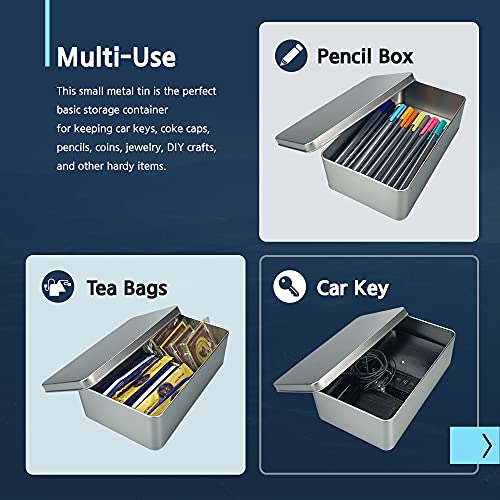 Silver Metal Tin Box Lids - Large Containers, Holder for Keeping Car Keys, Cookie, Pencil Case, 8.2 x 4.7 x 2.4 inch