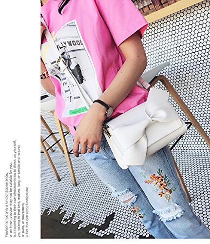 Haolong Lady Bowknot White Faux Leather Messenger Satchel Tote Purse Shoulder bag