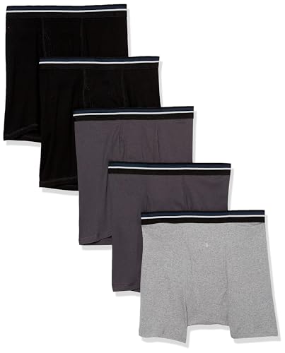 Amazon Essentials Mens Underwear Boxer Briefs, Comfortable Cotton, Tag-Free, Pack of 5, Black/Charcoal/Grey Heather, Large