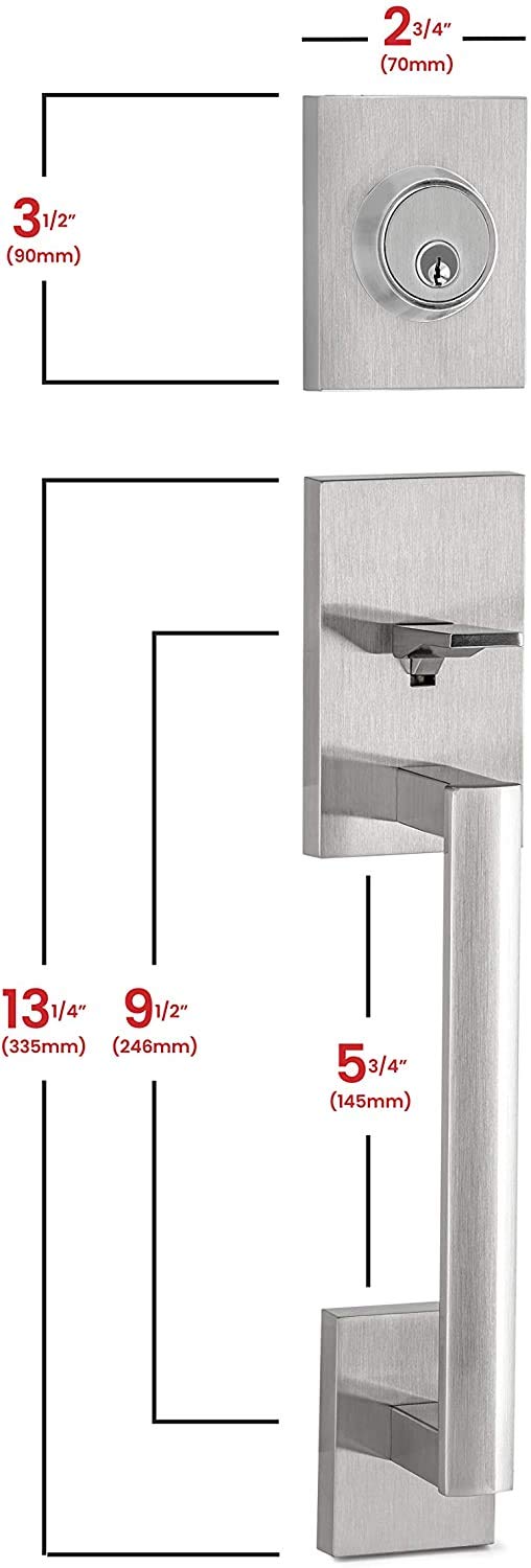 Berlin Modisch HandleSet Front Door Entry Handle and Deadbolt Lock Set Slim Square Single Cylinder Deadbolt and Lever Reversible for Right & Left Sided Doors Heavy Duty β Satin Nickel Finish