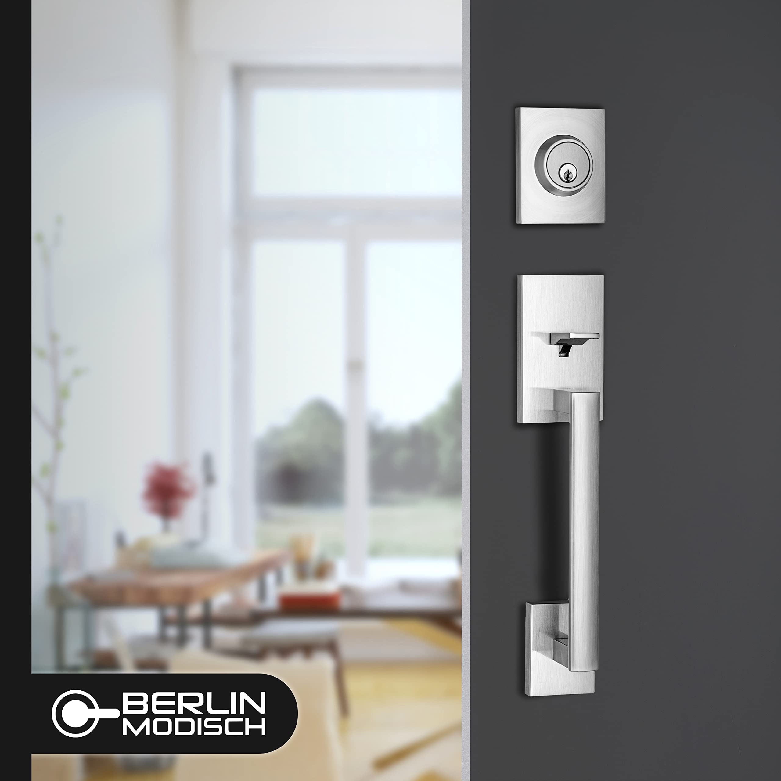 Berlin Modisch HandleSet Front Door Entry Handle and Deadbolt Lock Set Slim Square Single Cylinder Deadbolt and Lever Reversible for Right & Left Sided Doors Heavy Duty β Satin Nickel Finish