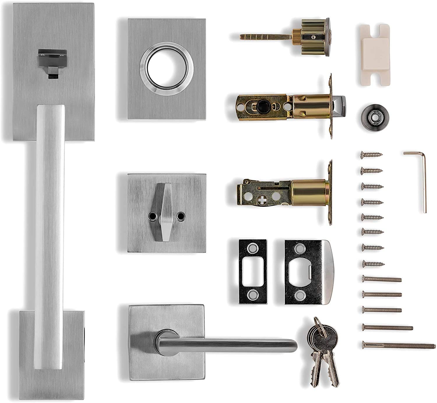 Berlin Modisch HandleSet Front Door Entry Handle and Deadbolt Lock Set Slim Square Single Cylinder Deadbolt and Lever Reversible for Right & Left Sided Doors Heavy Duty β Satin Nickel Finish