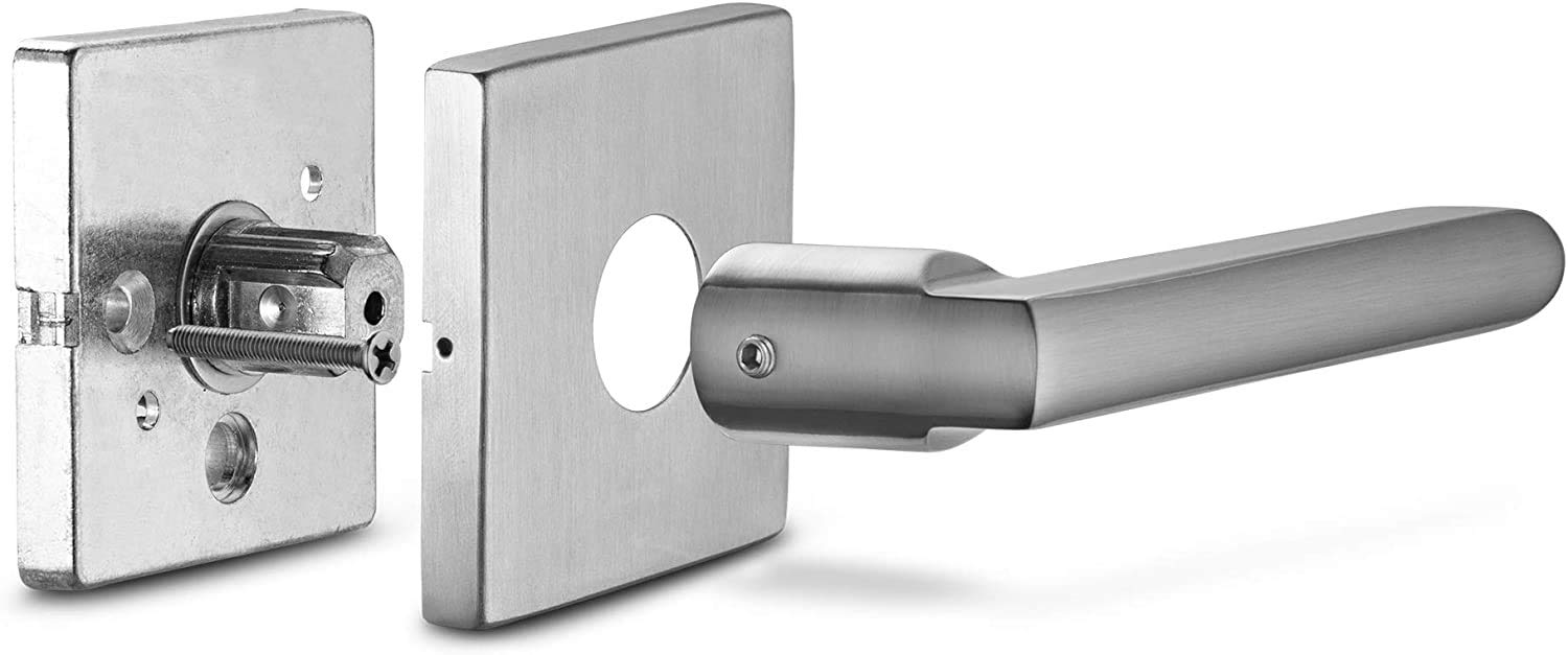 Berlin Modisch HandleSet Front Door Entry Handle and Deadbolt Lock Set Slim Square Single Cylinder Deadbolt and Lever Reversible for Right & Left Sided Doors Heavy Duty β Satin Nickel Finish