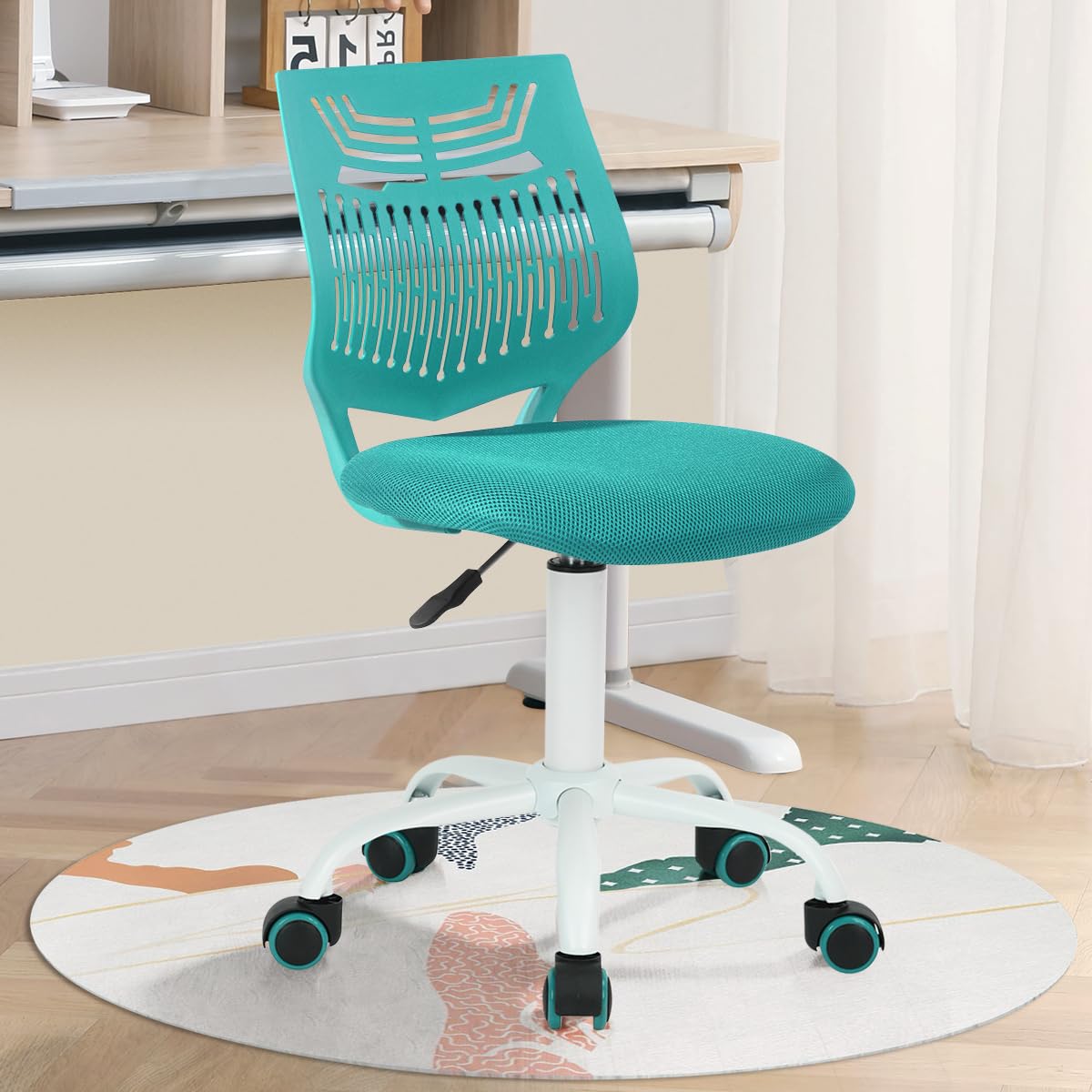 FurnitureR Desk Chair Armless Home Office Task Chair with Mesh Padded Cushion Swivel Study Chair with Rolling Wheels for Kids Teens Children, Turquoise