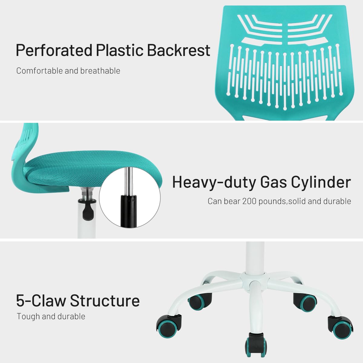 FurnitureR Desk Chair Armless Home Office Task Chair with Mesh Padded Cushion Swivel Study Chair with Rolling Wheels for Kids Teens Children, Turquoise