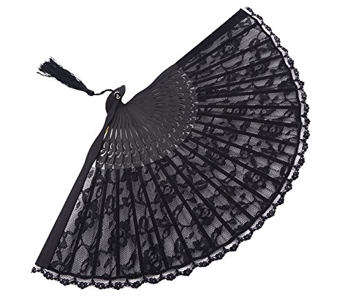 Meifan Womens Multi Color Handmade Cotton Lace Folding Hand Fan (Black-A)