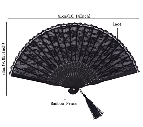 Meifan Womens Multi Color Handmade Cotton Lace Folding Hand Fan (Black-A)