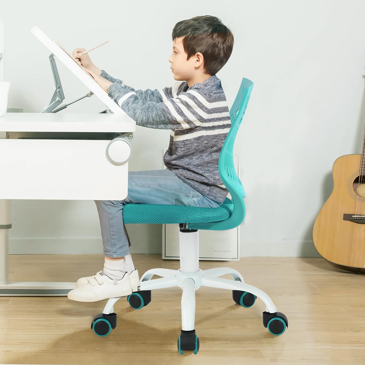 FurnitureR Desk Chair Armless Home Office Task Chair with Mesh Padded Cushion Swivel Study Chair with Rolling Wheels for Kids Teens Children, Turquoise