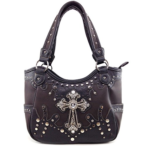 Justin West Cowgirl Western Rhinestone Cross Floral Embroidery Studded Concealed Carry Handbag Purse Trifold Crossbody Messenger Bag Wallet (Brown Tote Purse)