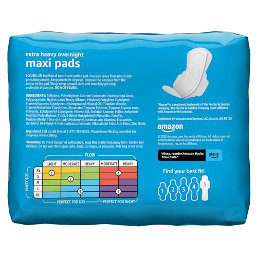 Amazon Basics Thick Maxi Pads with Wings for Periods - Extra Heavy Overnight Absorbency, Unscented, Size 5, 80 Count (4 Packs of 20) (Previously Solimo)
