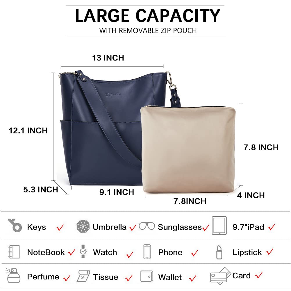 BOSTANTEN Women's Leather Designer Handbags Tote Purses Shoulder Bucket Bag Navy Blue