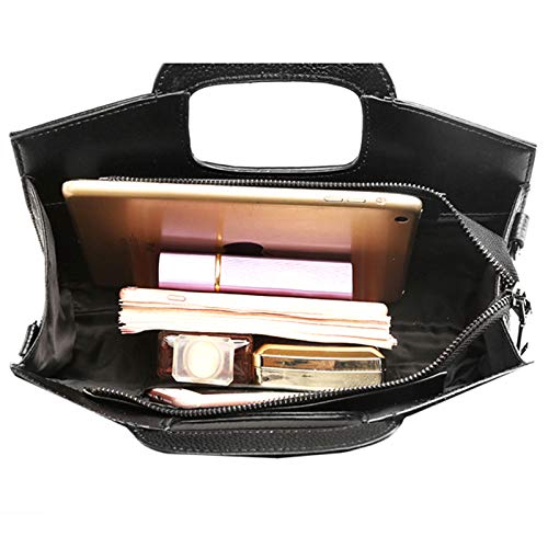 CLARA Women Vintage Flap Tote Top Handle Satchel PU Leather Clutch Handbag Purse Shoulder Bag (00358Black)