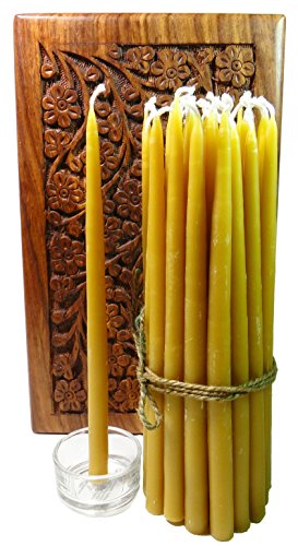 BCandle 100% Beeswax 2-Hour Candles Organic Hand Made - 7 1/2 Inch Tall, 3/8 Inch Diameter (Pack of 36), Wood Box