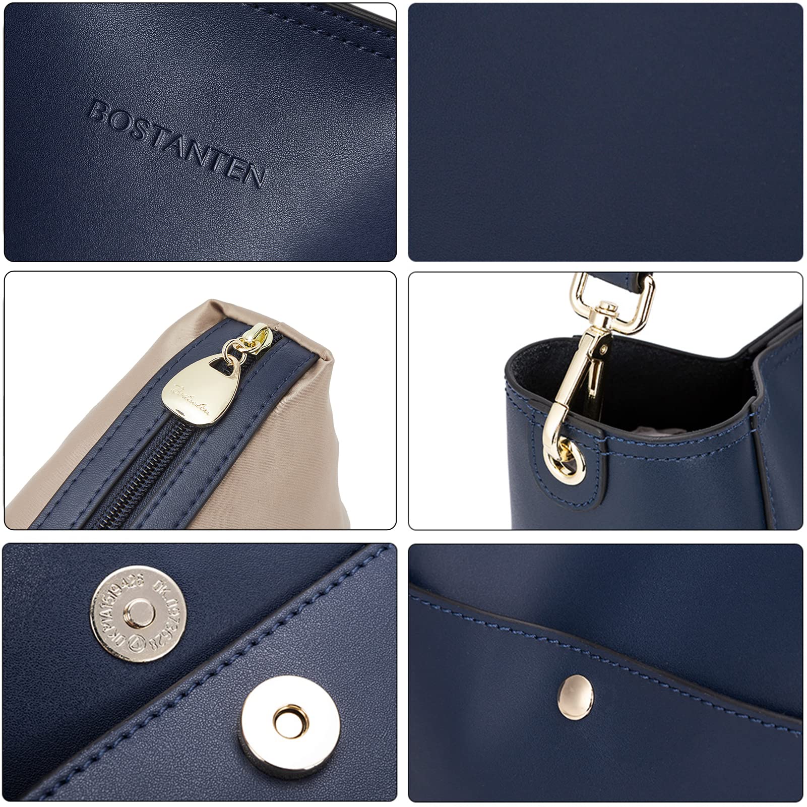 BOSTANTEN Women's Leather Designer Handbags Tote Purses Shoulder Bucket Bag Navy Blue