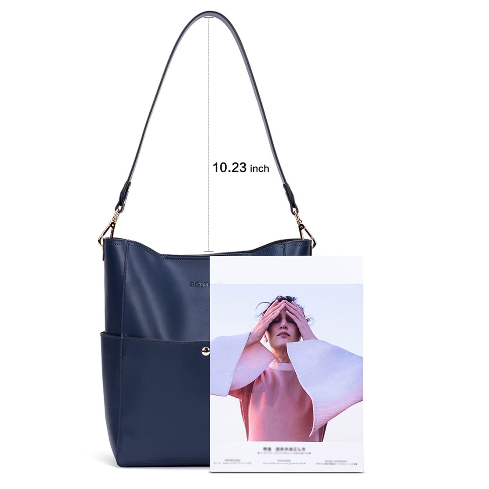 BOSTANTEN Women's Leather Designer Handbags Tote Purses Shoulder Bucket Bag Navy Blue