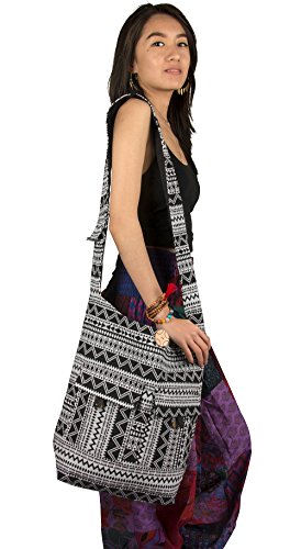 Tribe Azure Large Hobo Crossbody Sling Shoulder Bag Compartment Pockets Functional Zipper Travel Market Books Blanket (Black White)