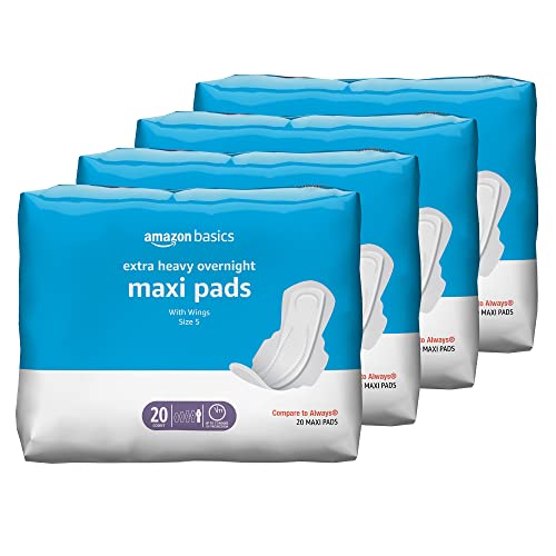 Amazon Basics Thick Maxi Pads with Wings for Periods - Extra Heavy Overnight Absorbency, Unscented, Size 5, 80 Count (4 Packs of 20) (Previously Solimo)
