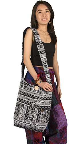 Tribe Azure Large Hobo Crossbody Sling Shoulder Bag Compartment Pockets Functional Zipper Travel Market Books Blanket (Black White)