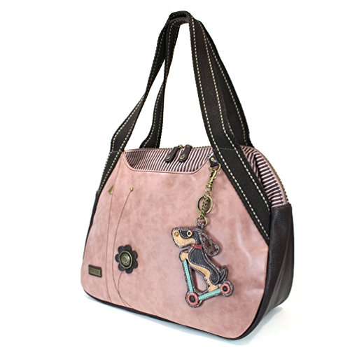 Chala Handbags Dust Rose Shoulder Purse Tote Bag with Dog Key Fob (Wiener Dog with Scooter)