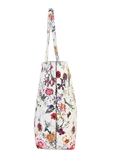 DIOPHY PU Leather Colorful Floral Pattern Two Tone Reversible Large Tote Womens Purse Handbag with Matching Crossbody Bag 2 Pieces Set FL-6000 FL-6001 (White exterior-Red interior)