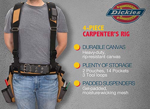 Dickies 4-Piece Carpenter's Rig, Padded Tool Belt Suspenders, Cooling Mesh, Tool Belt, Steel Buckle, Grey/Tan, 3.8 lb.