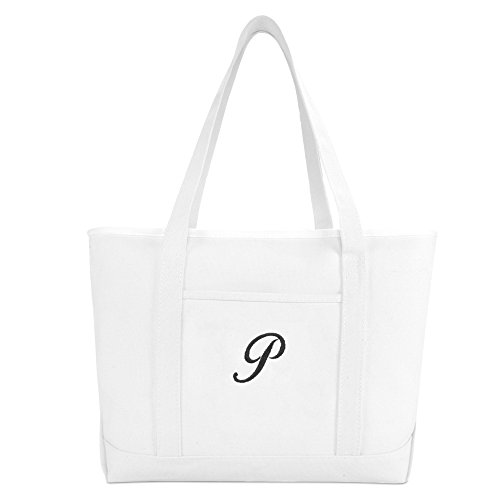 DALIX Large Canvas Tote Bag for Women Work Bag Beach Totes Monogrammed White P