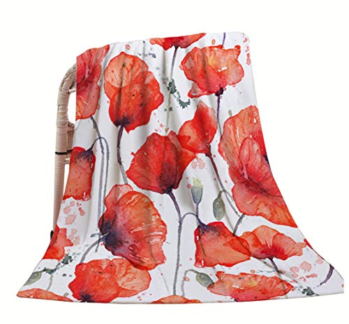 HGOD DESIGNS Poppy Flower Throw Blanket,Watercolor Wild Red Poppies Pattern Soft Warm Decorative Throw Blanket for Bed Chair Couch Sofa 50"X60"