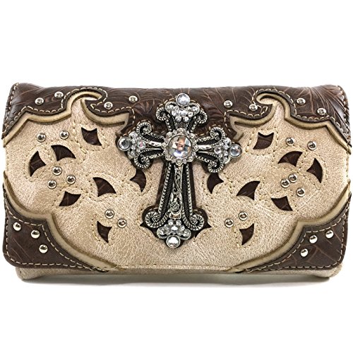 Justin West Tooled Leather Laser Cut Rhinestone Cross Studded Shoulder Concealed Carry Tote Style Handbag Purse (Beige Wallet)