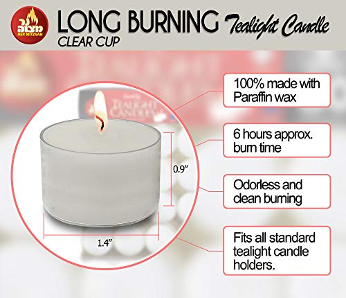 Ner Mitzvah Long Lasting Tealight Candles - 6 Hours - White in Clear Cups - Unscented - 40 Pack - Made in EU