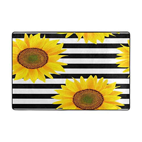 AGONA Modern Area Rug 2x3 Sunflowers On Striped Black White Rugs Soft Indoor Floor Carpet, No-Shedding Non-Slip Rectangle Mat for Living Room Entryway Bedroom Dormitory