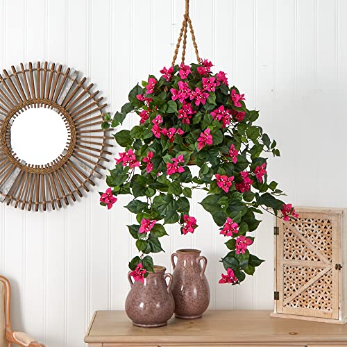 Nearly Natural 6734 Bougainvillea Silk Hanging Basket, Green/Pink