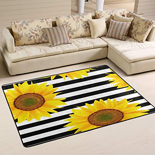 AGONA Modern Area Rug 2x3 Sunflowers On Striped Black White Rugs Soft Indoor Floor Carpet, No-Shedding Non-Slip Rectangle Mat for Living Room Entryway Bedroom Dormitory