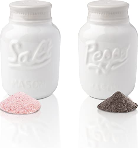 Vintage Mason Jar Salt & Pepper Shakers by Comfify - Adorable Decorative Mason Jar DΓ©cor for Vintage, Rustic, Shabby Chic Kitchens - Sturdy Ceramic in White - 3.5 oz. Cap.