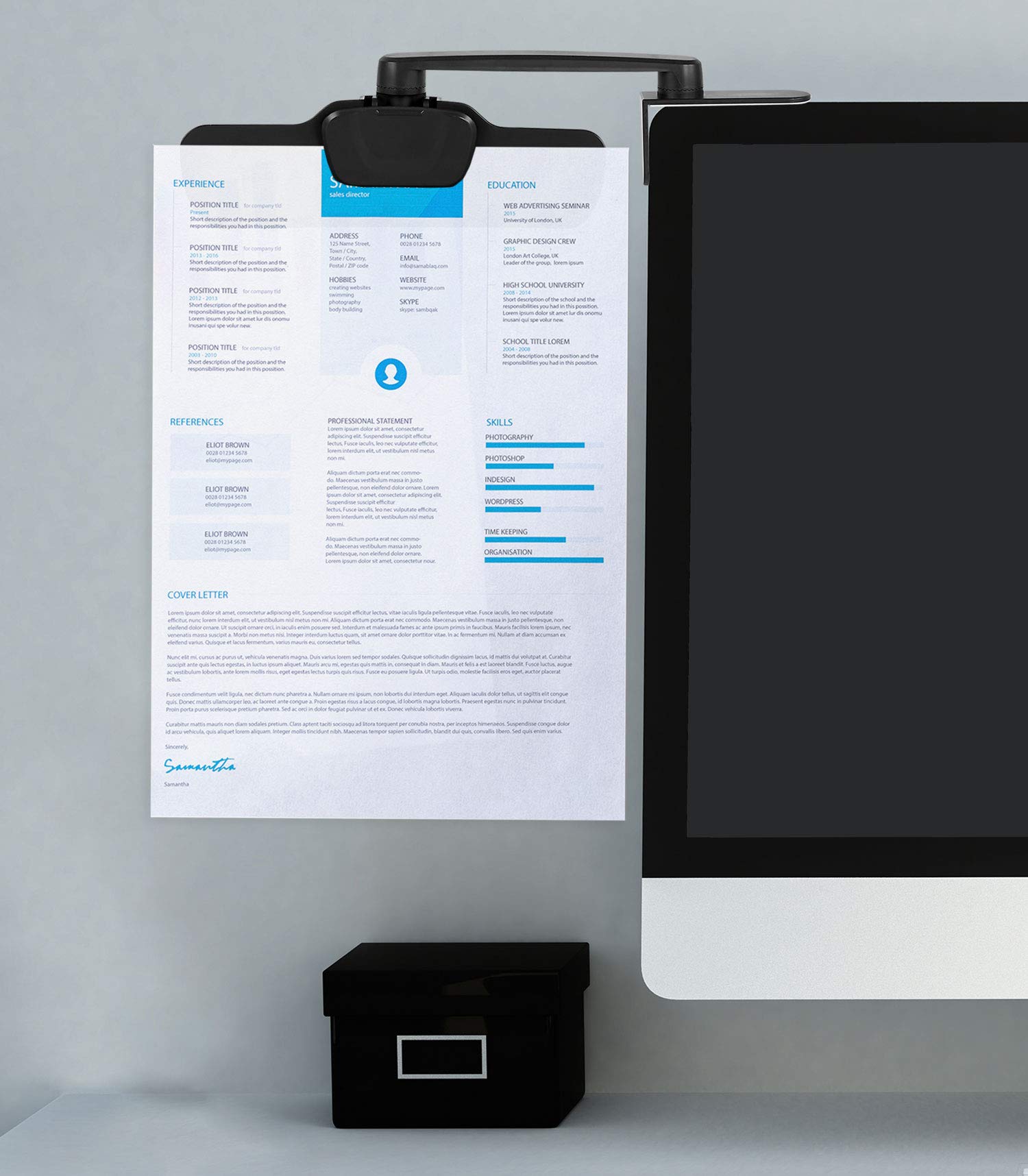 Mount-It! Monitor Document Holder Clip - Paper and Copy Holder Attachment for Typing with 3M Adhesive Sticker, Swivel 360 Degrees, Left and Right Side Mounting (MI-9005)