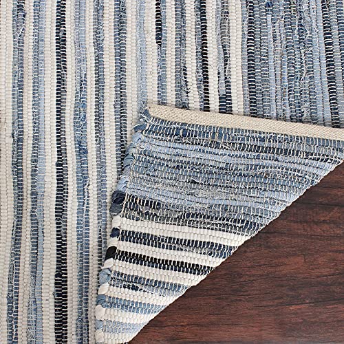 RAJRANG BRINGING RAJASTHAN TO YOU 4' x 6' Reversible Area Rugs Blue Denim Chindi Rag Rug Hand Woven Boho Eco Friendly Recycled Material for Farmhouse Home Decor