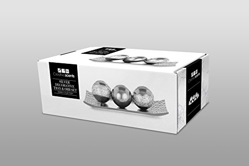 Creative Scents Dublin Decorative Tray and Orbs Balls Set - Centerpiece Bowl with Balls for Dining Room Table, Rustic Decorated Spheres Kit for Living Room Coffee Table, Gift Boxed (Brushed Silver)