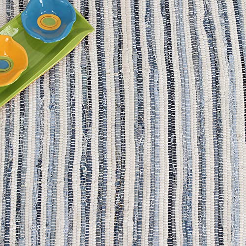 RAJRANG BRINGING RAJASTHAN TO YOU 4' x 6' Reversible Area Rugs Blue Denim Chindi Rag Rug Hand Woven Boho Eco Friendly Recycled Material for Farmhouse Home Decor
