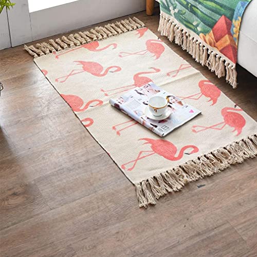 Flamingo Bathroom Rug,2'x3' Red Rugs Runner with Tassels, Small Woven Cotton Kitchen Bath Mat,Throw Rugs for Living Room, Bedroom, Laundry, Kitchen Sink, Doorway, Hallway