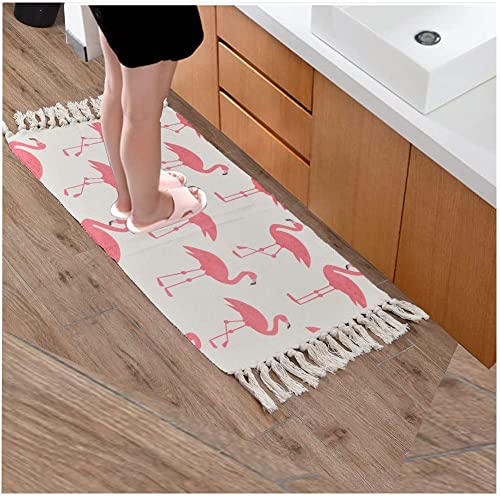 Flamingo Bathroom Rug,2'x3' Red Rugs Runner with Tassels, Small Woven Cotton Kitchen Bath Mat,Throw Rugs for Living Room, Bedroom, Laundry, Kitchen Sink, Doorway, Hallway