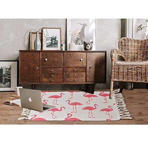 Flamingo Bathroom Rug,2'x3' Red Rugs Runner with Tassels, Small Woven Cotton Kitchen Bath Mat,Throw Rugs for Living Room, Bedroom, Laundry, Kitchen Sink, Doorway, Hallway
