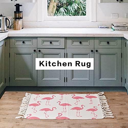Flamingo Bathroom Rug,2'x3' Red Rugs Runner with Tassels, Small Woven Cotton Kitchen Bath Mat,Throw Rugs for Living Room, Bedroom, Laundry, Kitchen Sink, Doorway, Hallway