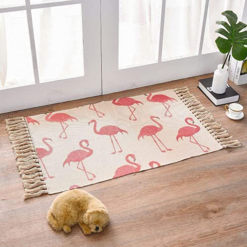 Flamingo Bathroom Rug,2'x3' Red Rugs Runner with Tassels, Small Woven Cotton Kitchen Bath Mat,Throw Rugs for Living Room, Bedroom, Laundry, Kitchen Sink, Doorway, Hallway