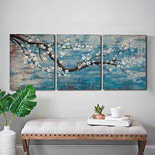 amatop 3 Piece Wall Art Hand-Painted Framed Flower Oil Painting On Canvas Gallery Wrapped Modern Floral Artwork for Living Room Bedroom DƩcor Teal Blue Lake Ready to Hang 12"x16"x3 Panel